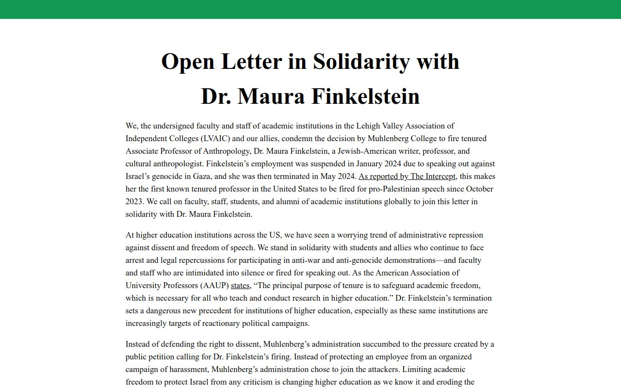 Open Letter in Solidarity with Dr. Maura Finkelstein